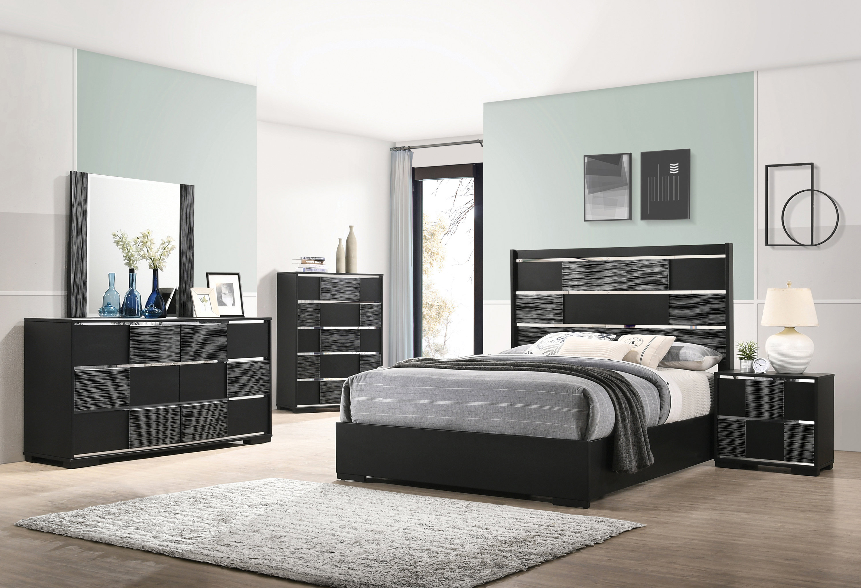 Latitude Run Savell Terrence Black 2 Piece Geometric Queen Bedroom Set With Nightstand Wayfair